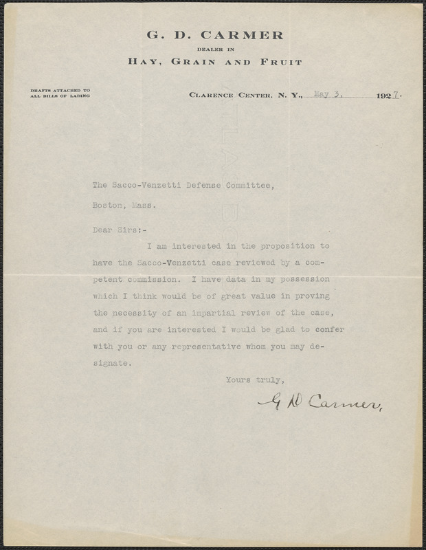 G. D. Carmer typed note signed to Sacco-Vanzetti Defense Committee ...