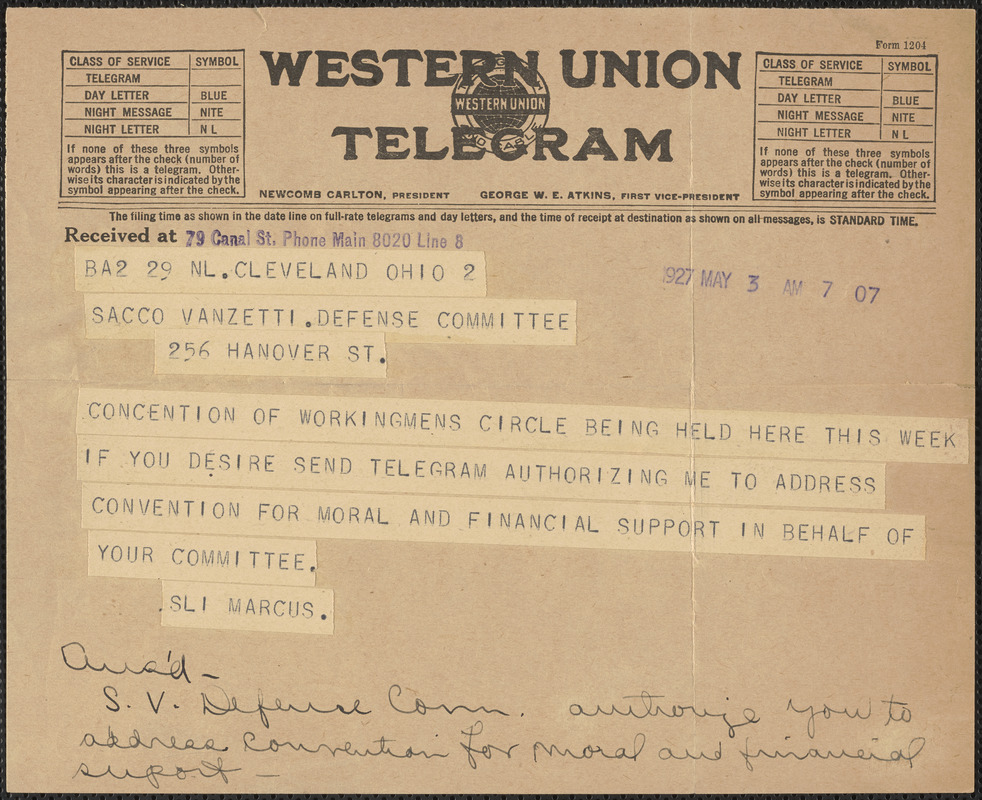 S. Marcus telegram to Sacco-Vanzetti Defense Committee, Cleveland, Ohio ...