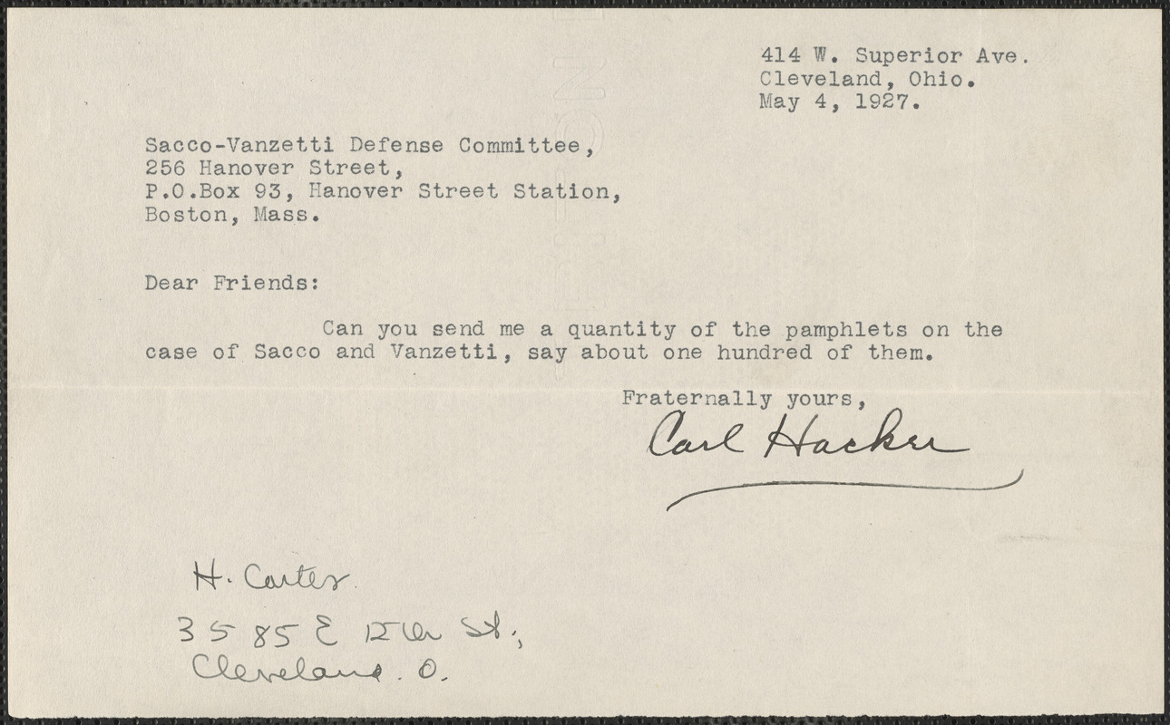 Carl Hacker typed note signed to Sacco-Vanzetti Defense Committee ...