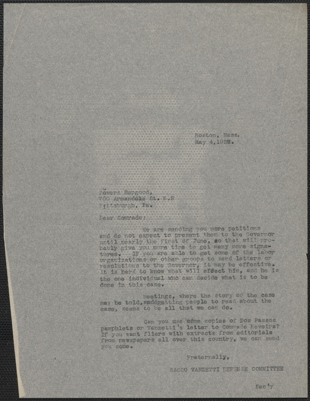 Sacco-Vanzetti Defense Committee typed letter (copy) to Powers Hapgood ...