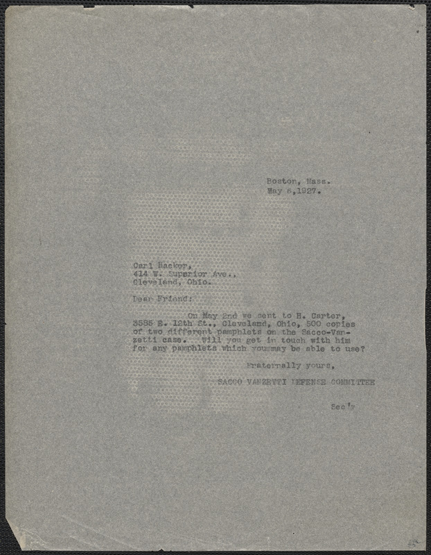 Sacco-Vanzetti Defense Committee typed note (copy) to Carl Hacker ...