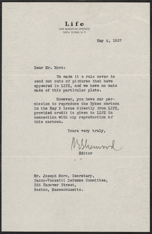 R. E. Sherwood (Life Magazine) typed note signed to Joseph Moro, New ...