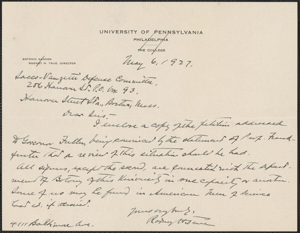 Rodney H. True autograph note signed to Sacco-Vanzetti Defense ...