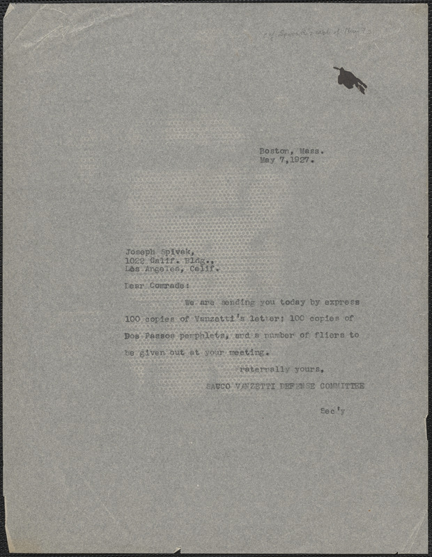 Sacco-Vanzetti Defense Committee typed note (copy) to Joseph Spivak ...