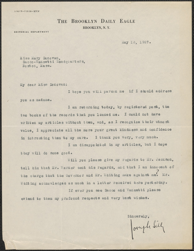 Joseph Lilly (Brooklyn Daliy Eagle) typed letter signed to Mary Donovan ...