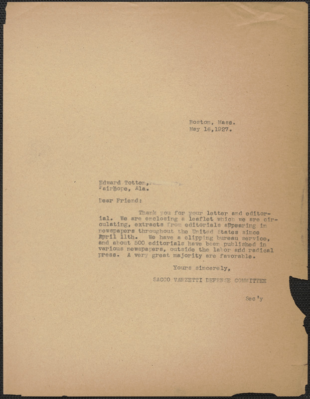 Sacco-Vanzetti Defense Committee typed note (copy) to Edward Parker ...