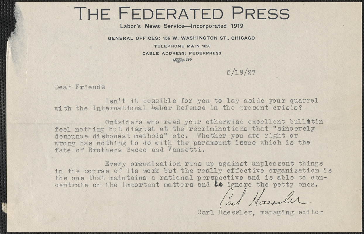 Carl Hassler (The Federated Press) typed letter signed to Sacco ...
