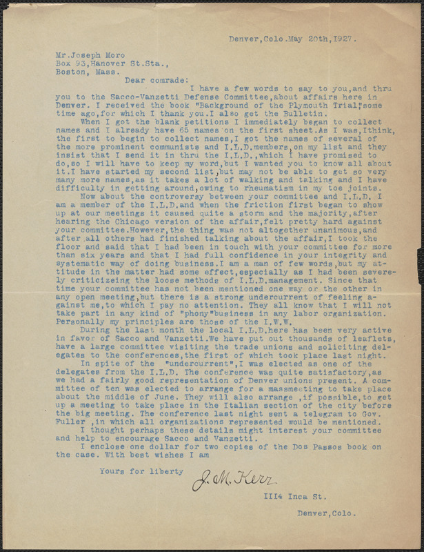 J. M. Kerr typed letter signed to Joseph Moro, Denver, Colo., May 20 ...