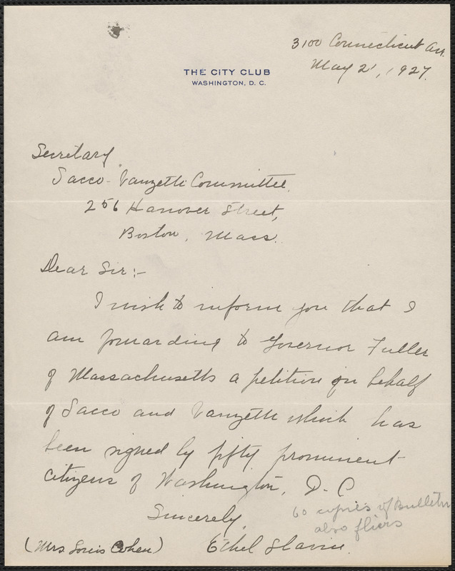 Ethel Slavin (Mrs. Louis Cohen) autograph note signed to Sacco-Vanzetti ...