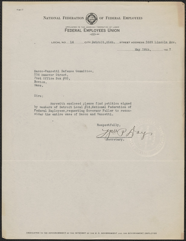[William?] P. Day (National Federation of Federal Employees) typed note ...