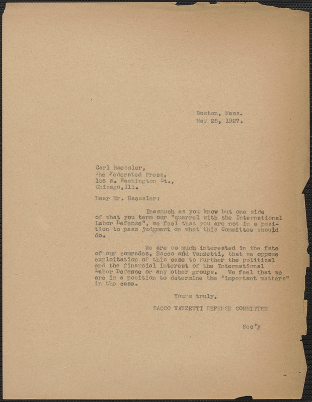 Sacco-Vanzetti Defense Committee typed letter (copy) to Carl Hesseler ...