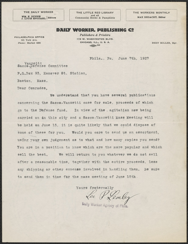 Leo P. Lemley (The Daily Worker Publishing Co.) typed letter signed to ...
