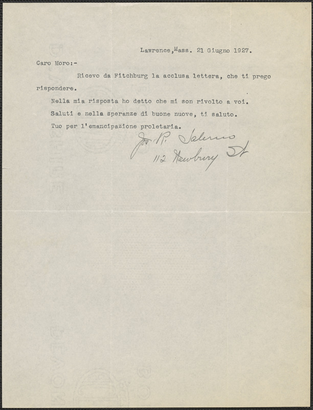 Joseph R. Salerno typed note signed, in Italian, to Joseph Moro ...