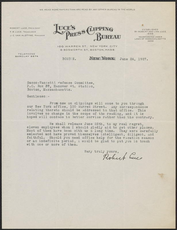 Robert Luce (Luce's Press Clipping Bureau) typed letter signed to Sacco ...
