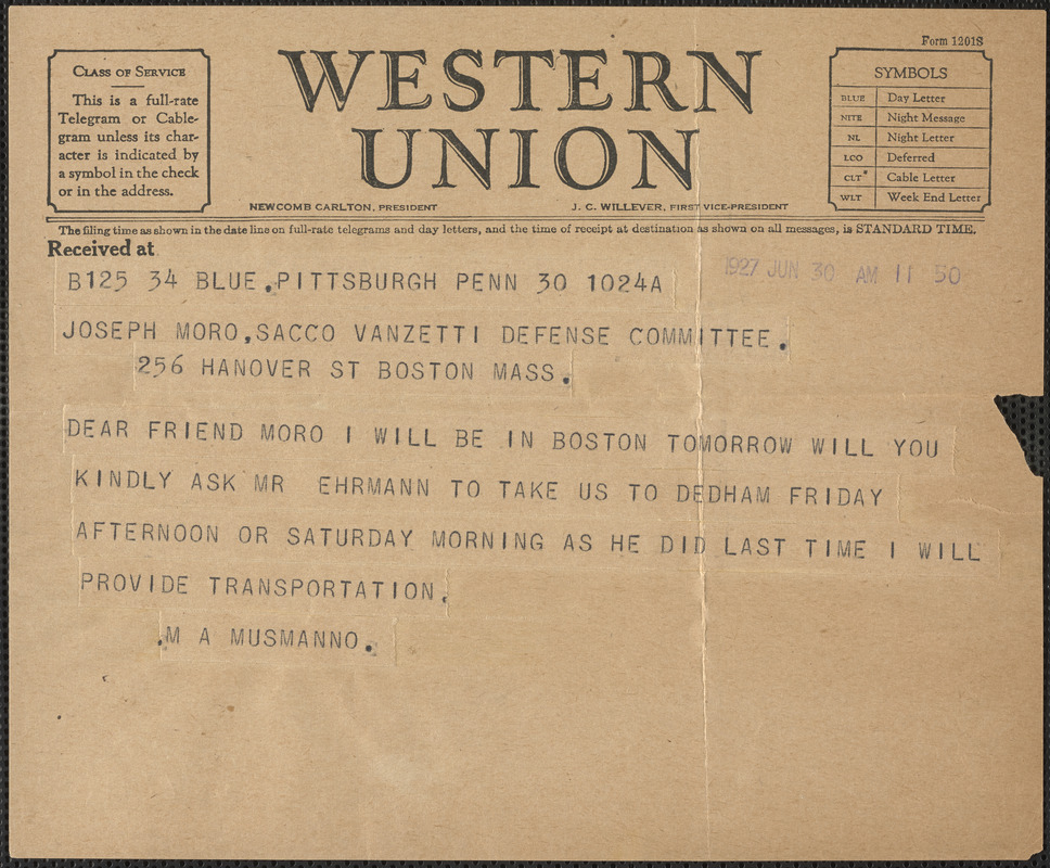 Michael A. Musmanno telegram to Sacco-Vanzetti Defense Committee ...