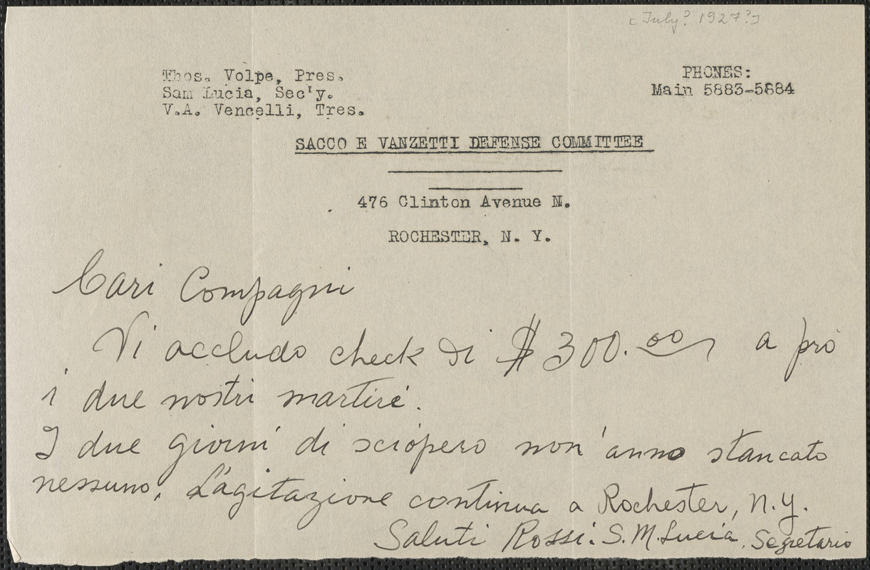 Sam M. Lucia (Sacco e Vanzetti Defense Committee, Rochester) autograph ...