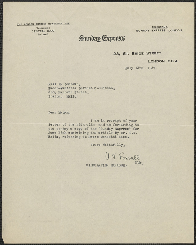 A. J. Foxwell (Sunday Express) typed note signed to Mary Donovan ...