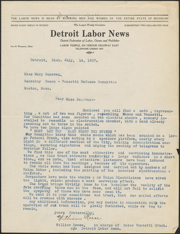 William Reese (Detroit Labor News) typed letter signed to Mary Donovan ...