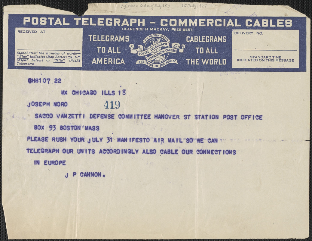James P. Cannon (International Labor Defense) telegram to Joseph Moro ...