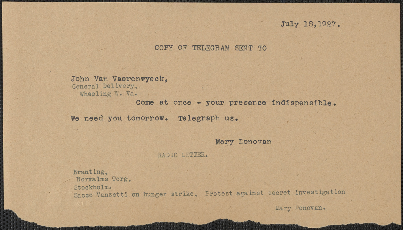 Mary Donovan telegram (copy) to John Van Vaerenewyck, Boston, Mass ...