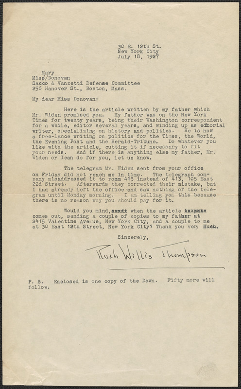 Ruth Willis Thompson typed letter signed to Mary Donovan, New York, N.Y ...