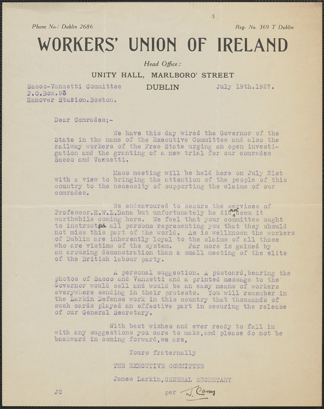 Jack Carney (Workers' Union of Ireland) typed letter signed to Sacco ...