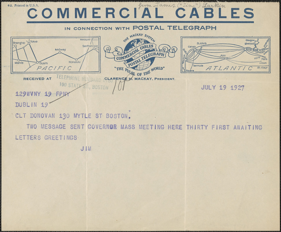 James Larkin telegram to Mary Donovan, Dublin, Ireland, July 19, 1927 ...
