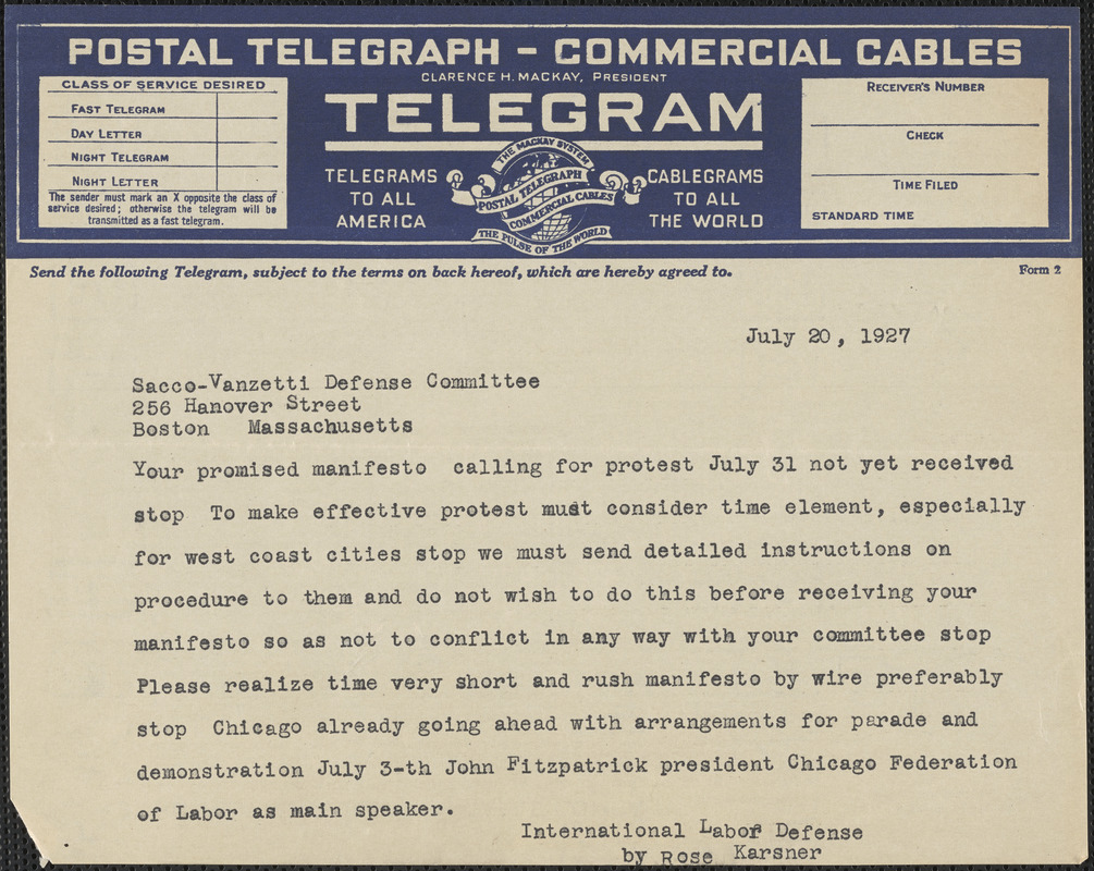 Rose Karsner (International Labor Defense) telegram to Sacco-Vanzetti ...