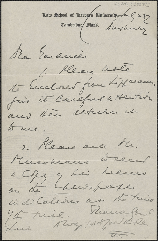 [Felix? Frankfurter] autograph note signed (incomplete) to Gardner ...