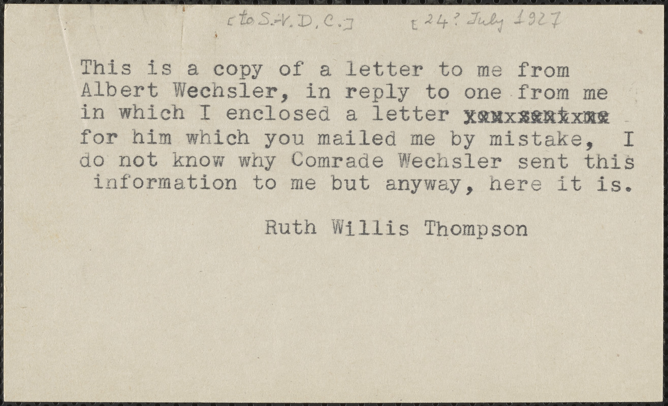 Ruth Willis Thompson typed note to Sacco-Vanzetti Defense Committee ...