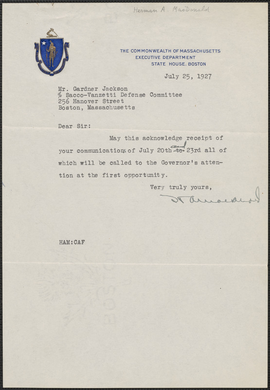 Herman A. MacDonald (Executive Department. Commonwealth of ...