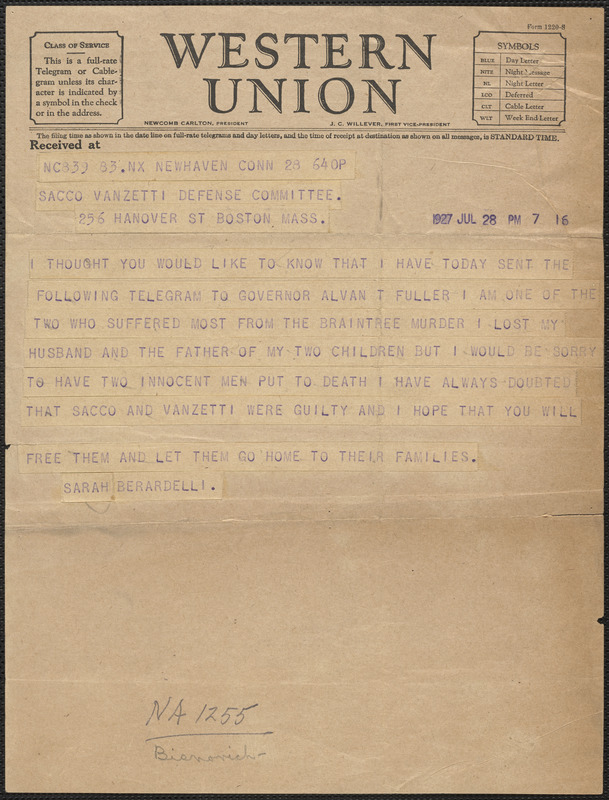 Sarah Berardelli telegram to Sacco-Vanzetti Defense Committee, New ...