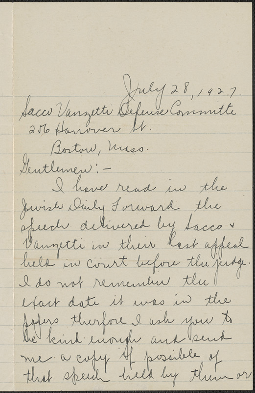 Jacob Weinstein autograph letter signed to Sacco-Vanzetti Defense ...