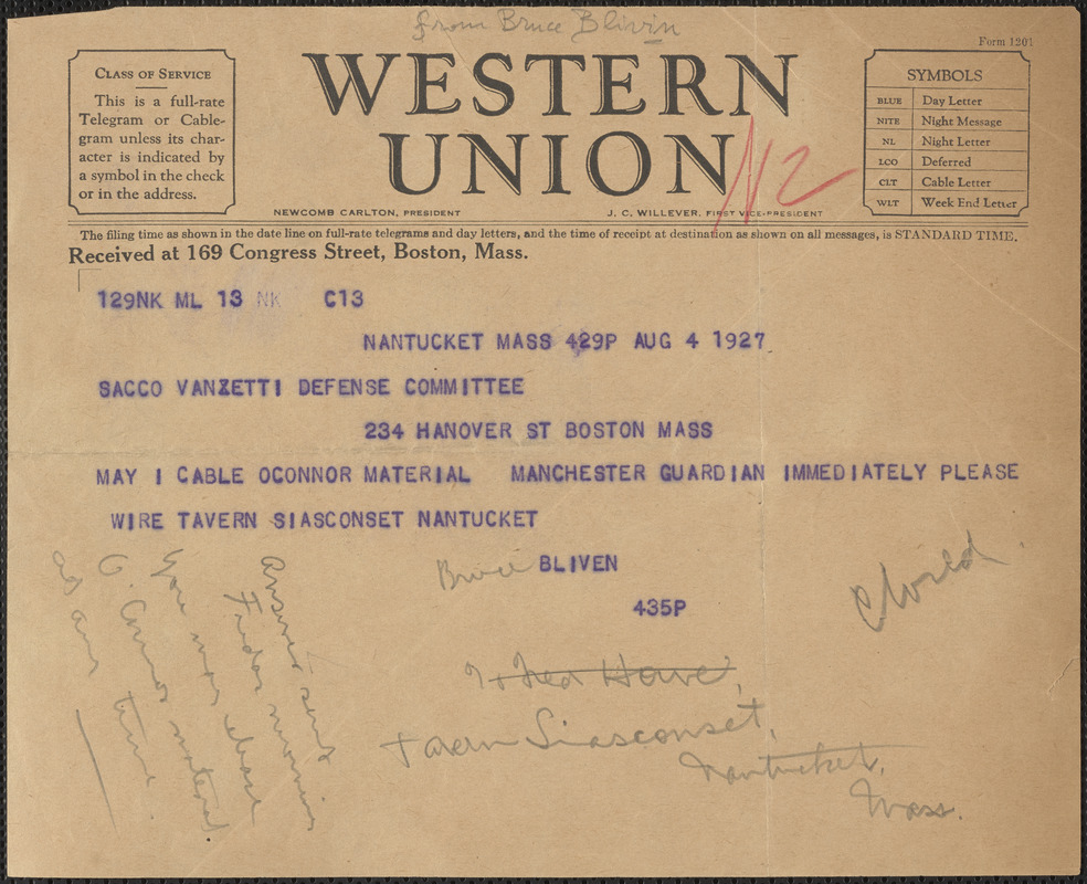 Bruce Bliven telegram to Sacco-Vanzetti Defense Committee, Nantucket ...