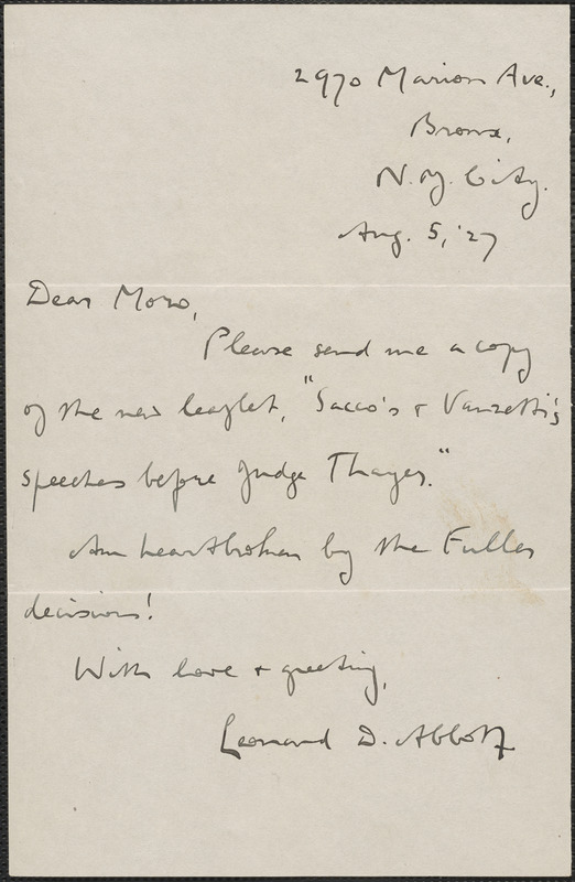Leonard D. Abbott (The Square Deal) autograph note signed to Joseph ...