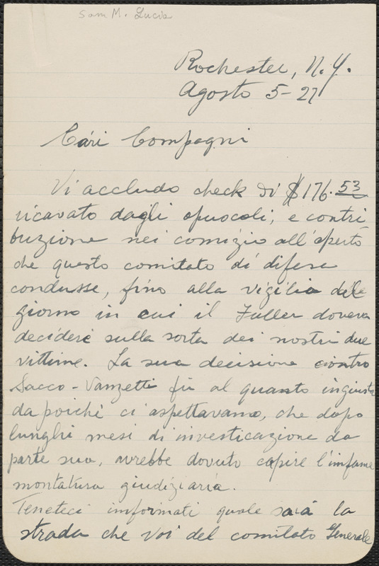 Sam M. Lucia (Sacco e Vanzetti Defense Committee, Rochester) autograph ...