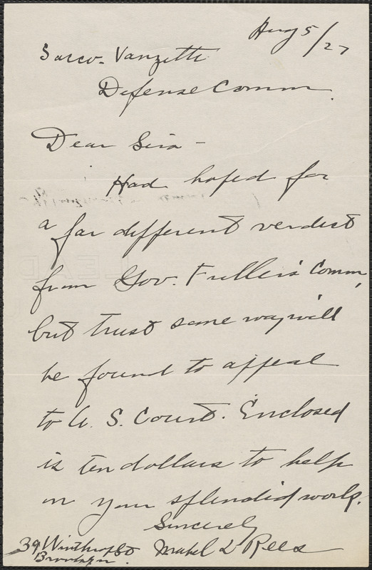 Mabel L. Rees autograph note signed to Sacco-Vanzetti Defense Committee ...