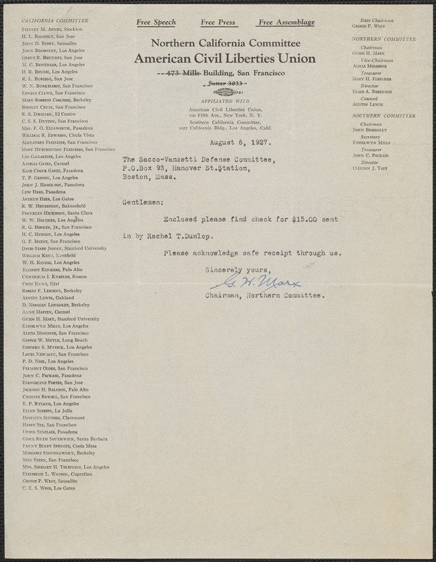 Guido H. Marx (Northern California Committee, American Civil Liberties Union) typed note signed ...