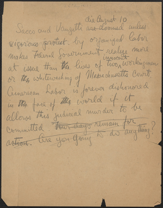 Sacco-Vanzetti Defense Committee autograph circular (draft), Boston ...
