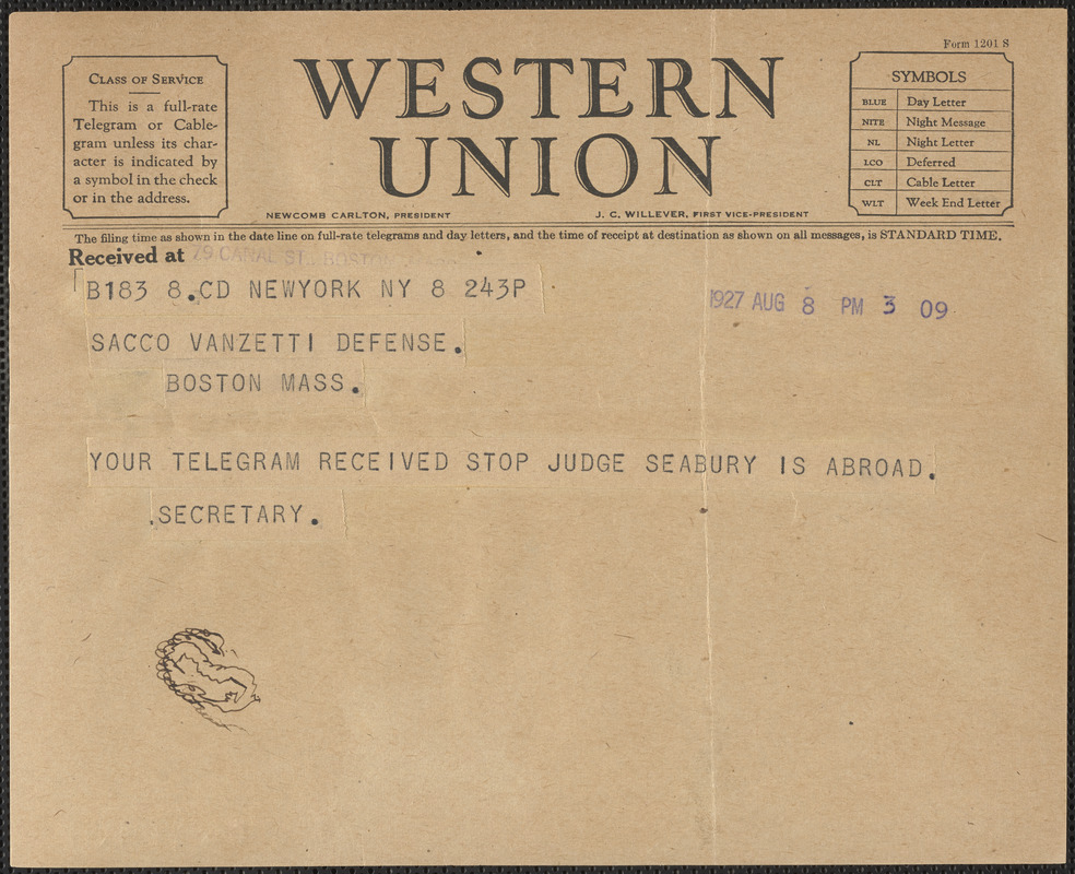Secretary of Judge Seabury telegram to Sacco-Vanzett Defense Committee ...