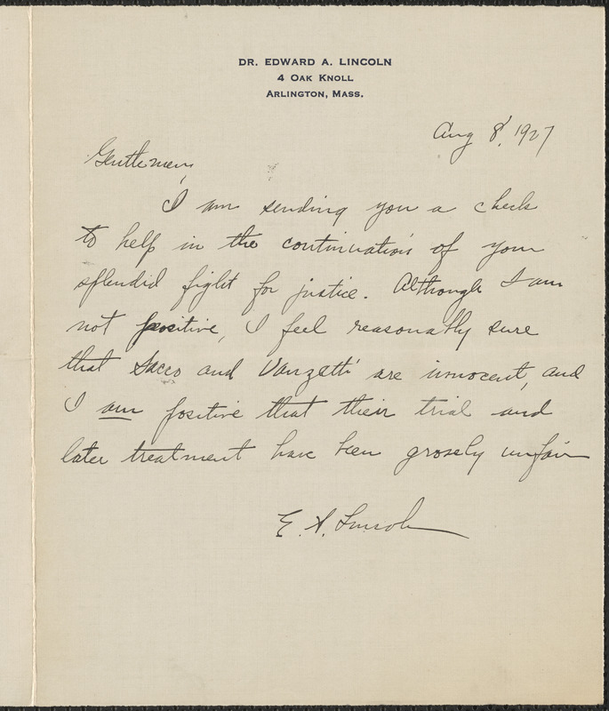 Edward A. Lincoln autograph note signed to Sacco-Vanzetti Defense ...