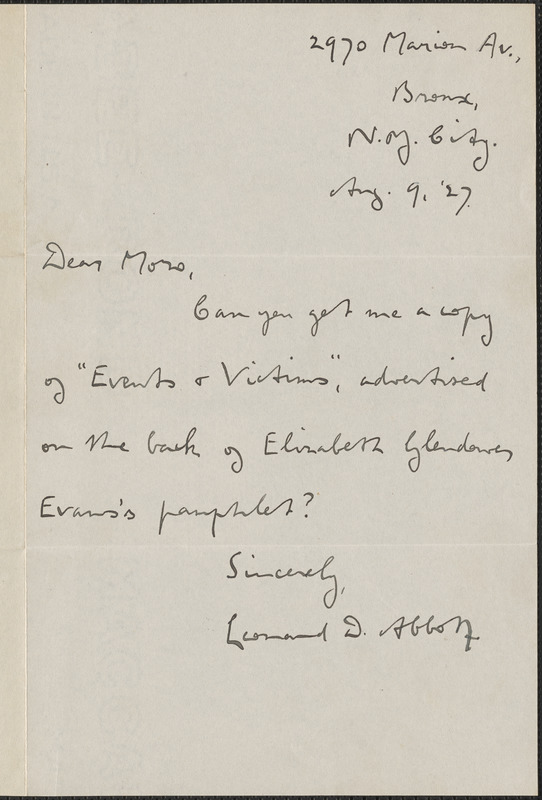 Leonard D. Abbott autograph letter signed to Sacco-Vanzetti Defense ...