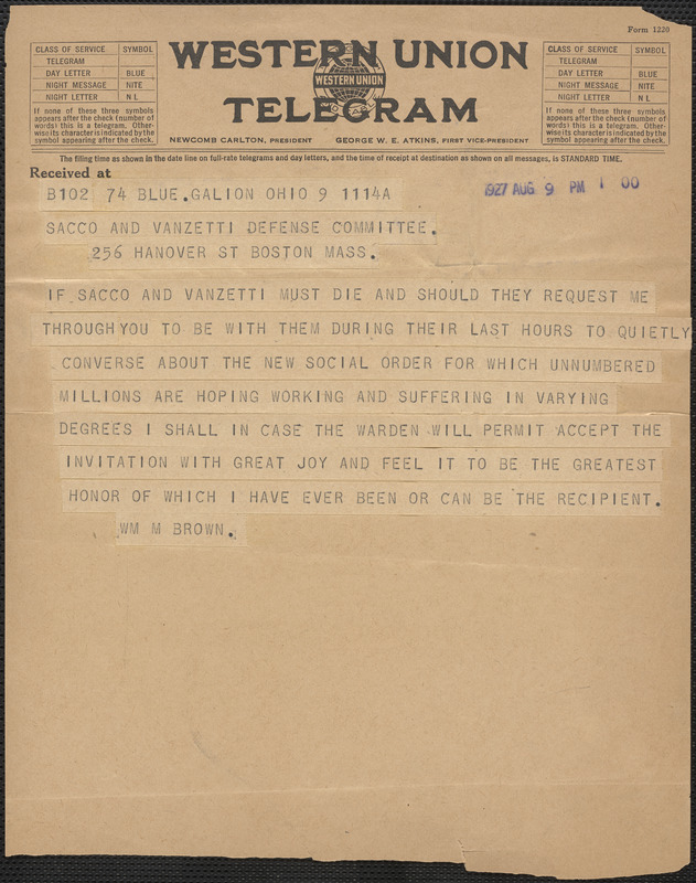 William Montgomery Brown telegram to Sacco-Vanzett Defense Committee ...