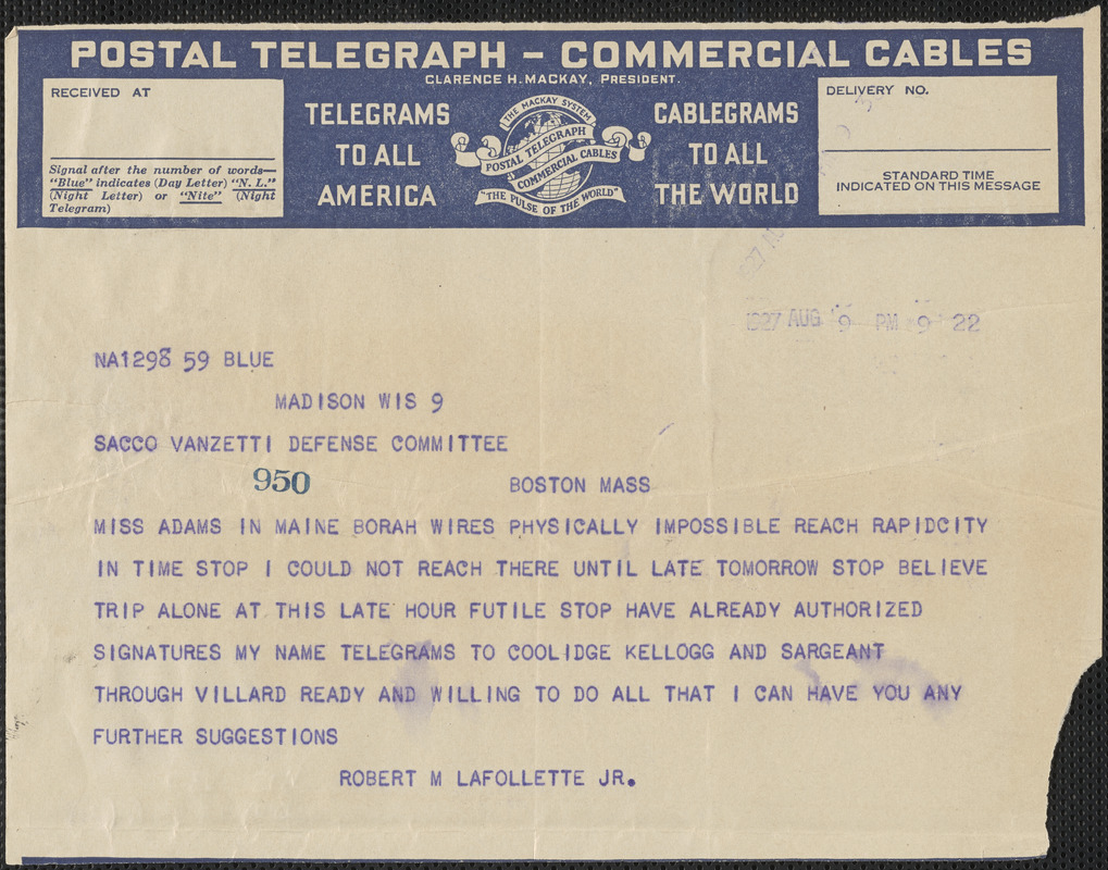 Robert M. La Follette, Jr. telegram to Sacco-Vanzetti Defense Committee ...