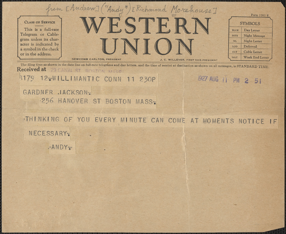 Andrew "Andy" R. Morehouse telegram to Gardner Jackson, Willimantic ...