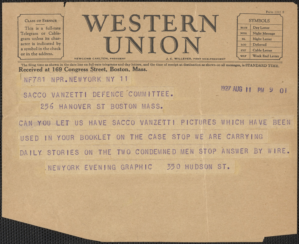 New York Evening Graphic telegram to Sacco-Vanzetti Defense Committee ...