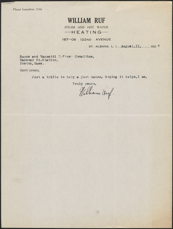 William Ruf typed note signed to Sacco-Vanzetti Defense Committee, St ...