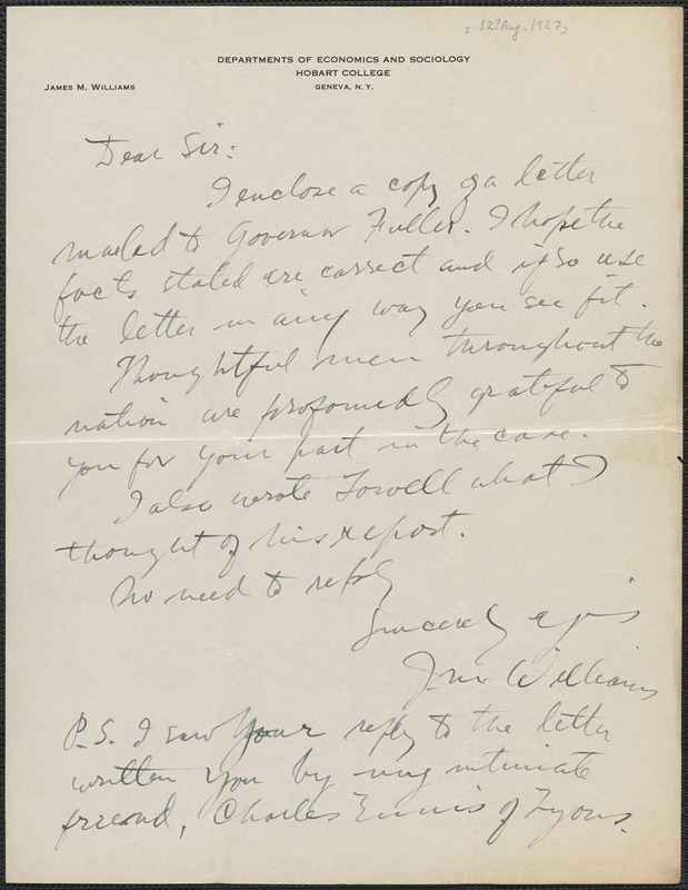 James M. Williams autograph letter signed to Sacco-Vanzetti Defense ...