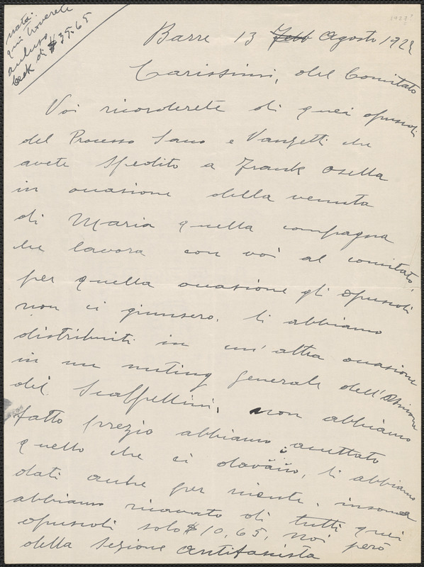 A. Pizzol autograph letter signed, in Italian, to Sacco-Vanzetti ...