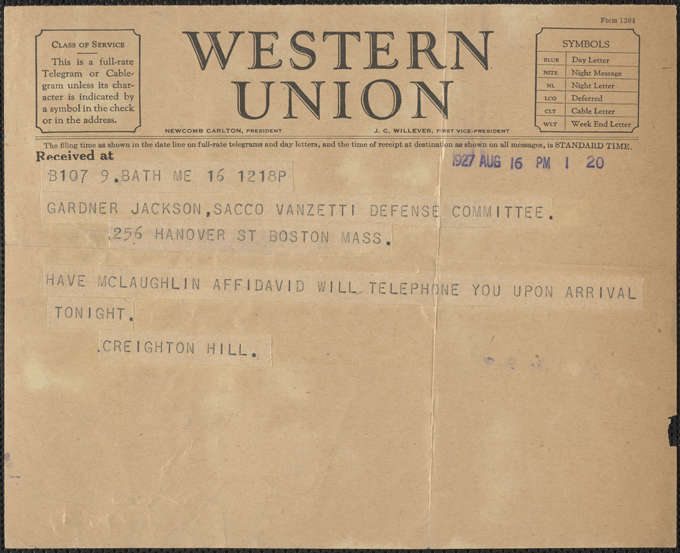 Creighton Hill telegram to Gardner Jackson, Bath, Me., August 16, 1927 ...